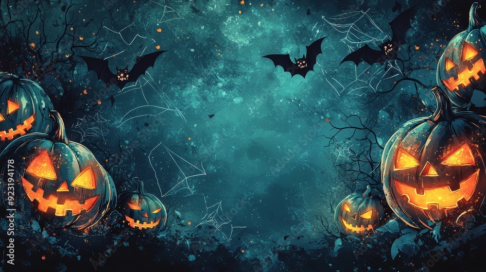 Spooky Halloween border with black bats, carved pumpkins, and creepy ...