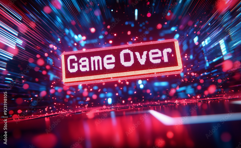 "Game Over" sign glowing in a neon-lit digital environment. Stock ...