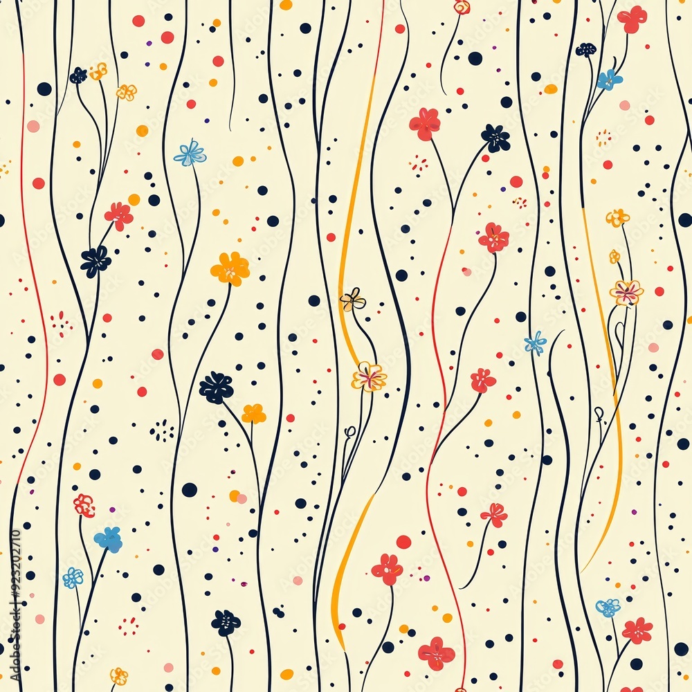 Cute doodle pattern, wavy lines with tiny floral elements, soft pastel ...