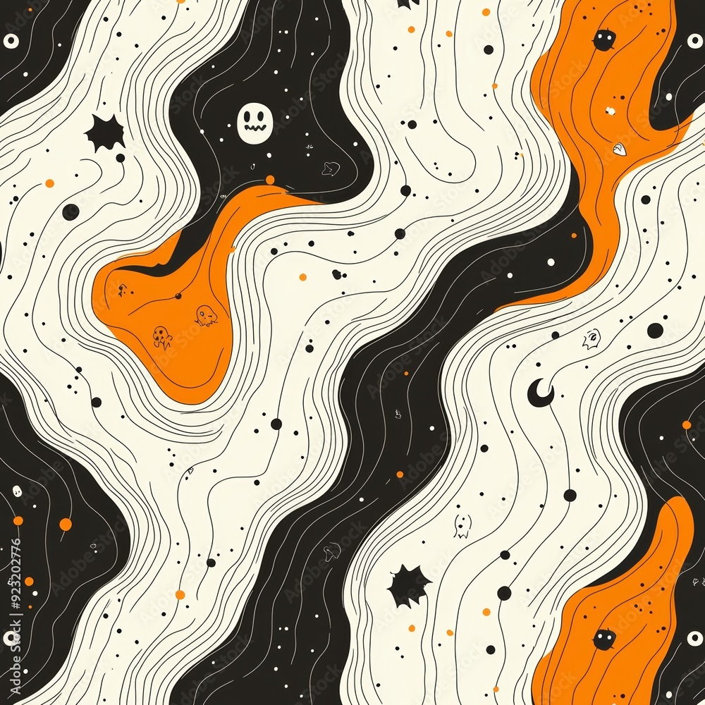 Doodle style, organic wavy lines with tiny Halloween elements, pastel ...