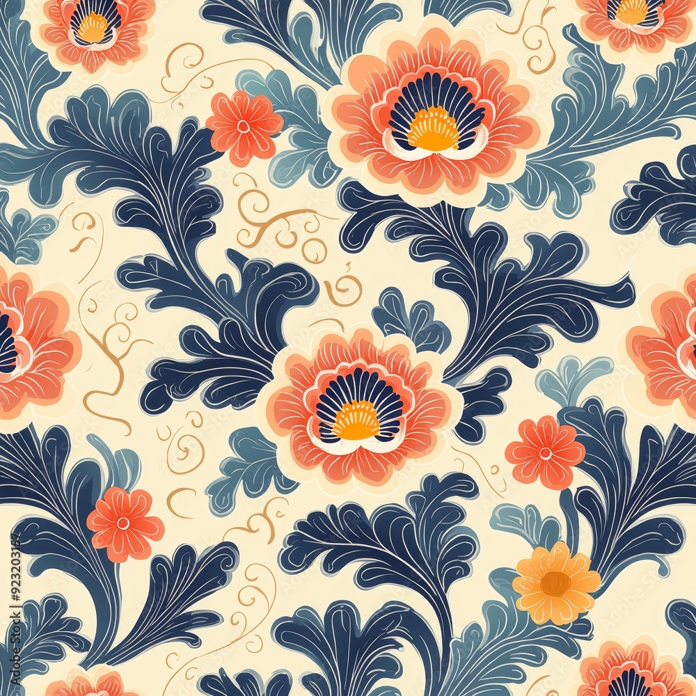 Doodle style, minimal Thai pattern with flowing kranok and floral ...
