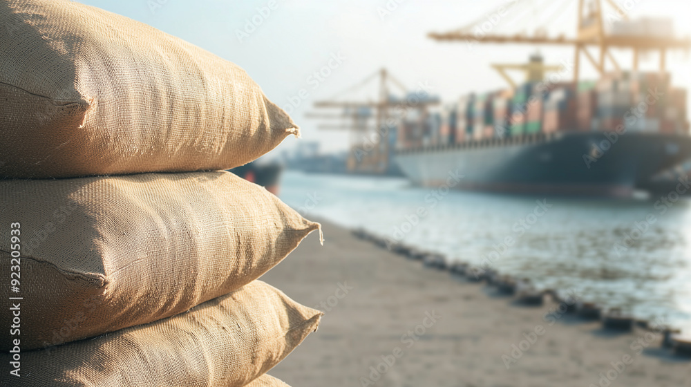 Wheat sacks are seen in a detailed close-up, prepared for export ...