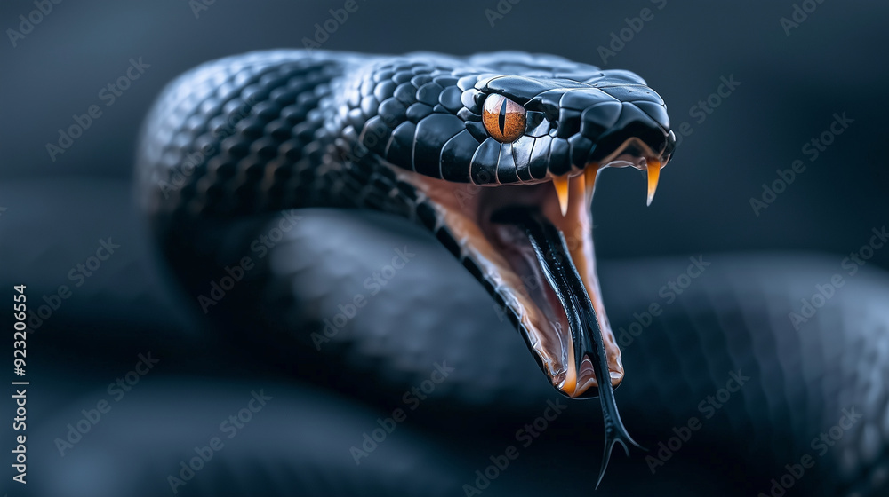 The fierce expression of a black snake is captured in a detailed close ...