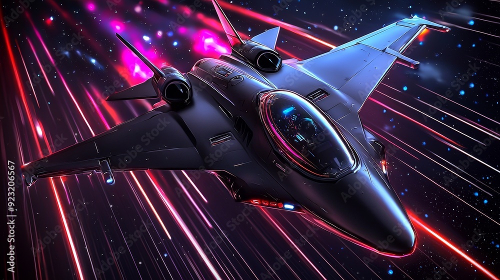 A detailed illustration of a sci-fi inspired, futuristic fighter jet ...