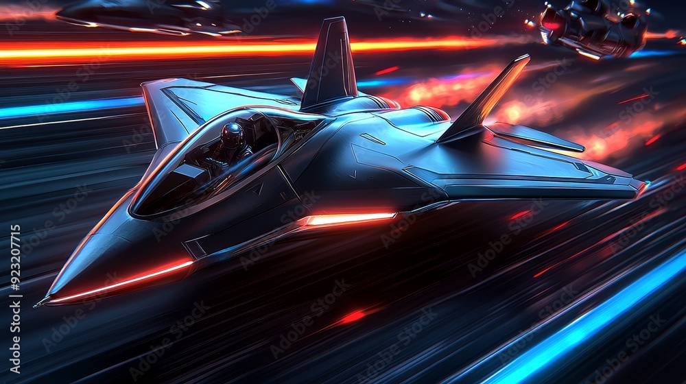 A vibrant illustration of a futuristic fighter jet launching from an ...