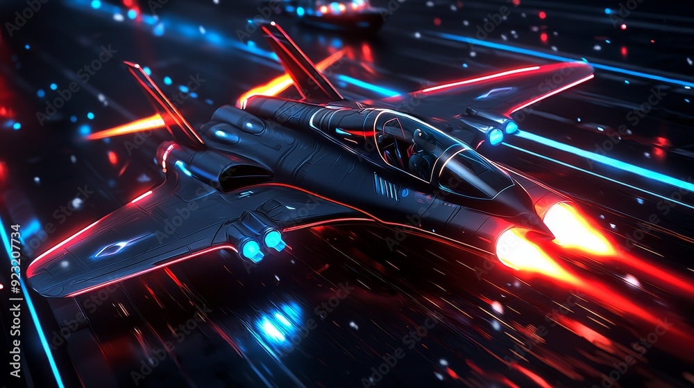 A vibrant illustration of a futuristic fighter jet launching from an ...