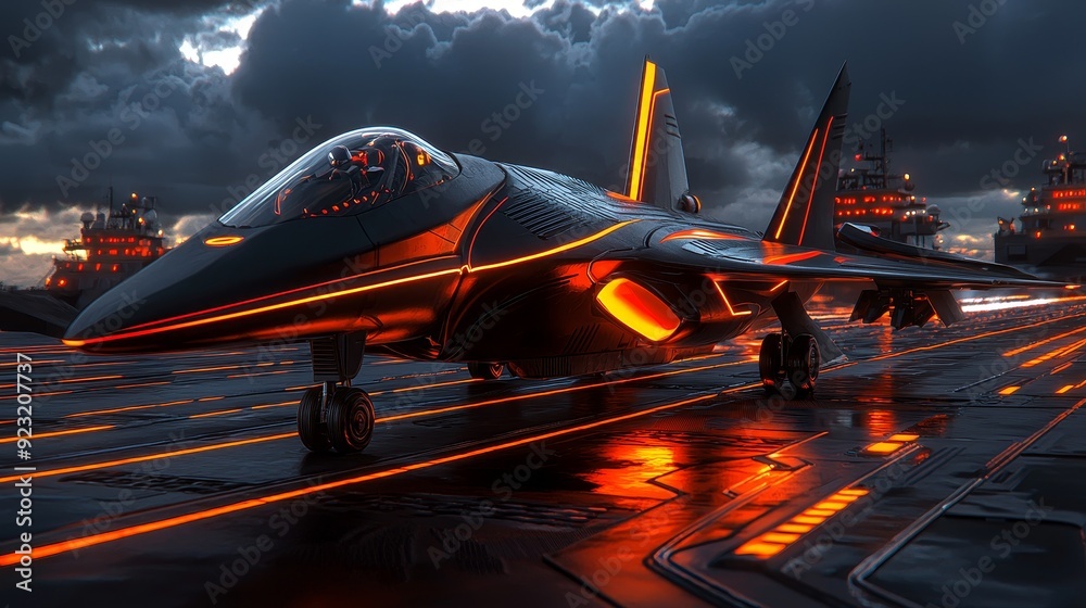 A vibrant illustration of a futuristic fighter jet launching from an ...