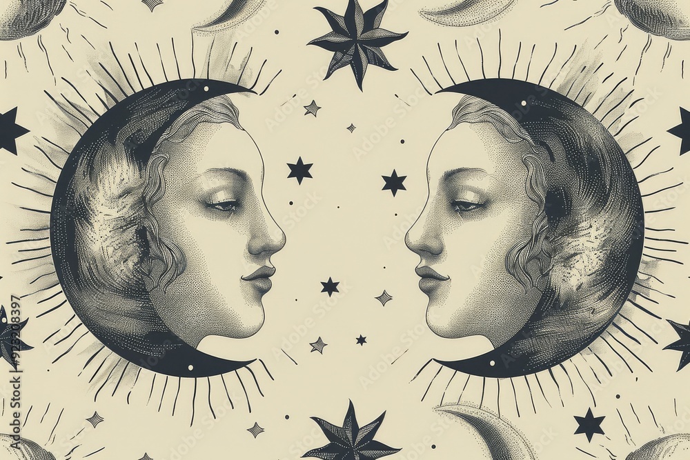 Seamless pattern featuring elegant sun and moon faces with delicate ...