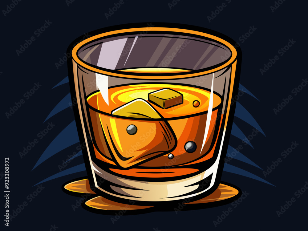 cartoon vector illustration of whisky drink glass with ice cubes, black ...