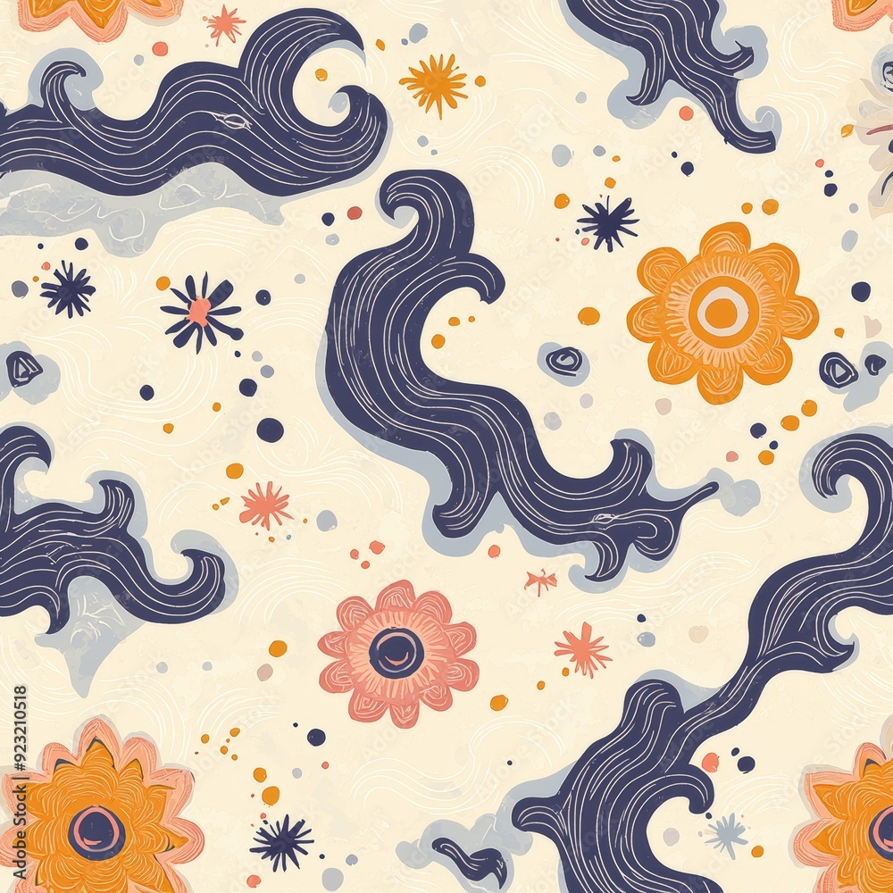 Doodle style, minimal Thai kranok pattern with flowing lines, soft ...