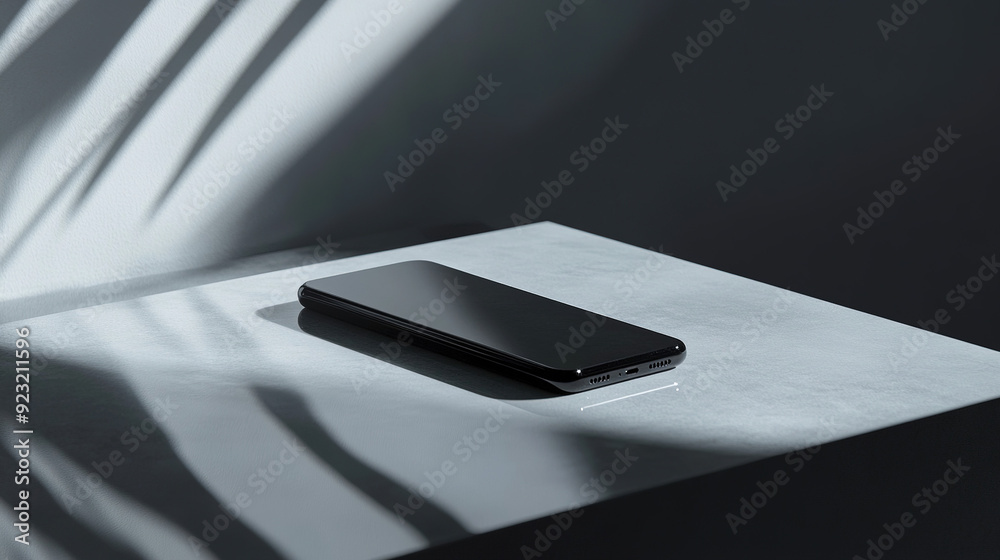 Minimalist product photography setup with a sleek smartphone on a ...