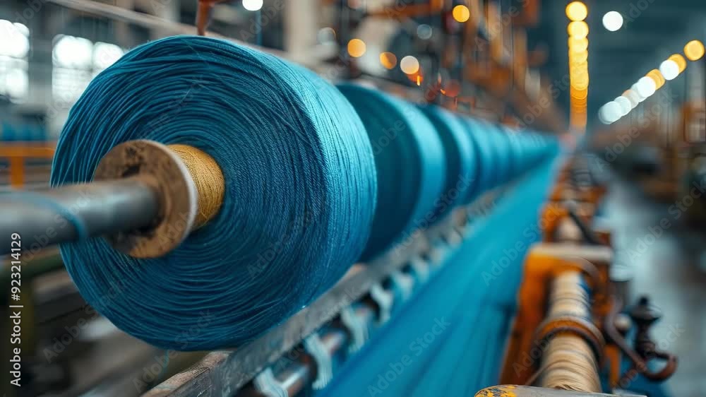 video of Spools of blue textile yarn on an industrial weaving machine ...