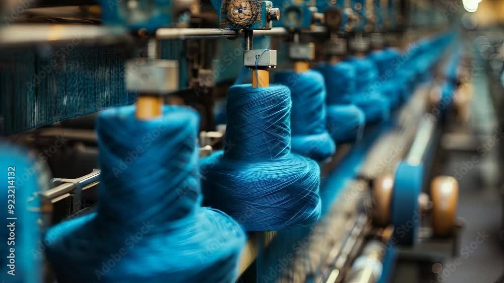 video of Spools of blue textile yarn on an industrial weaving machine ...