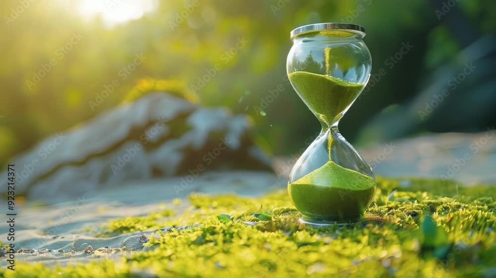 video of Green hourglass with sand in a natural environment ...