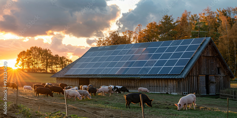 A picturesque scene of a farm with solar panels on the barn, showcasing ...