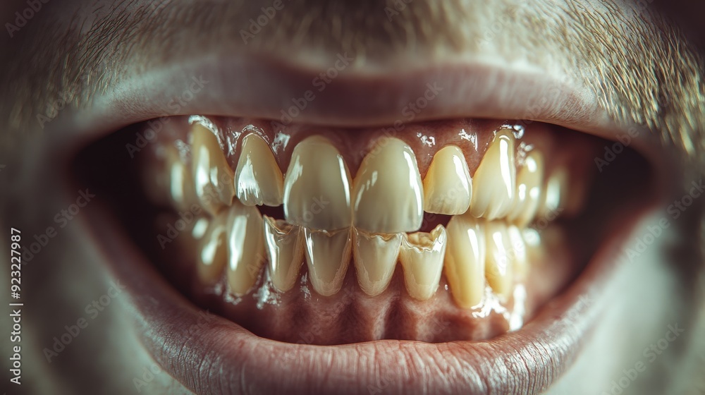 The subject displays a close-up of teeth exhibiting signs of bruxism ...