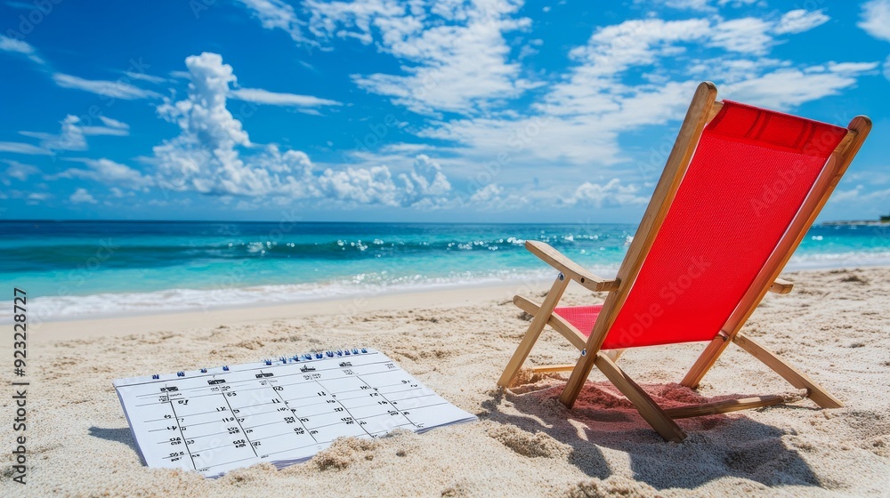 A red beach chair on a white calendar symbolizes vacation time. It's a ...
