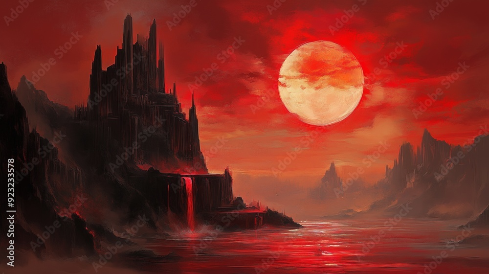 Dark castle under blood moon, eerie fortress with red moon, fantasy ...