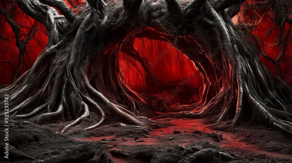 Twisted roots in dark forest, eerie cave formed by tree roots, haunted ...