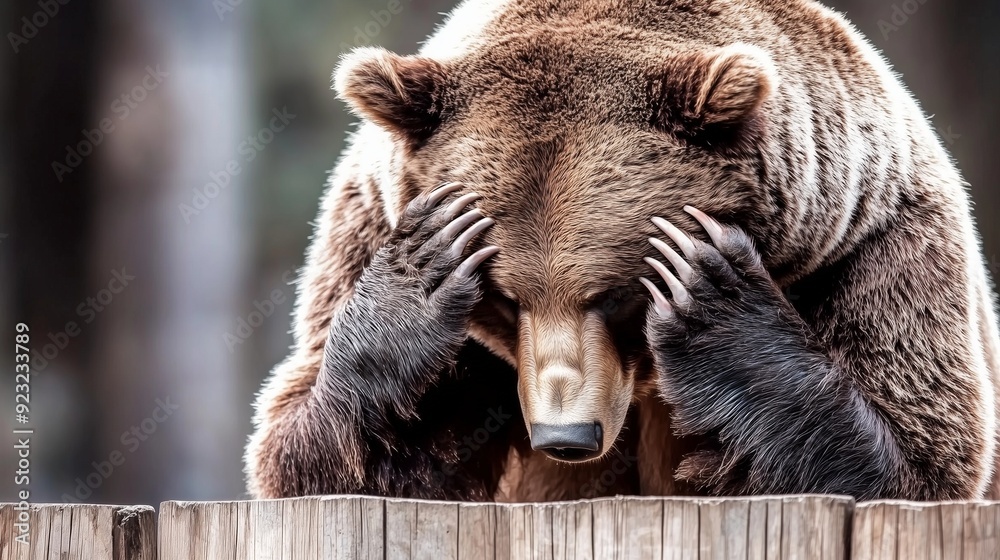 Bear with paws on head, Stressed bear behind fence, Sad bear with head ...
