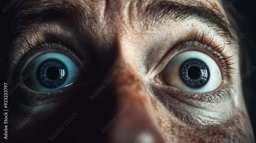 Close-up of terrified eyes, intense fear expression, wide-eyed panic in ...