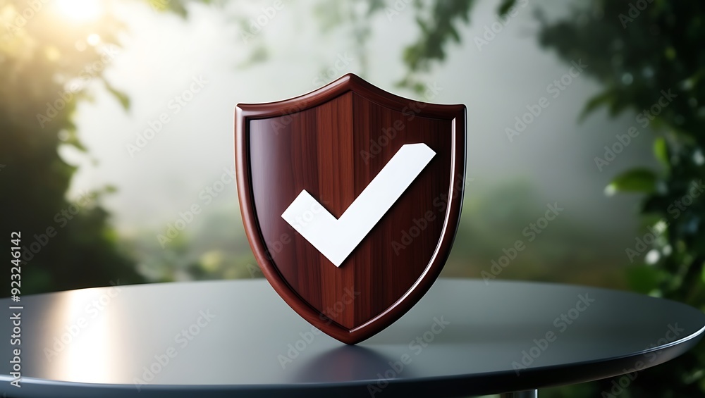 wooden shield symbol with check mark with a background . personal data ...
