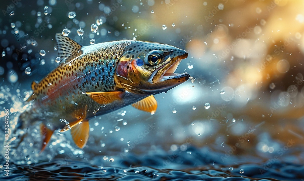 rainbow trout jumping out of the water with a splash fish above water ...