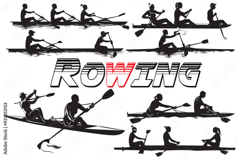 Rowing athletes silhouettes in active training. Isolated black ...