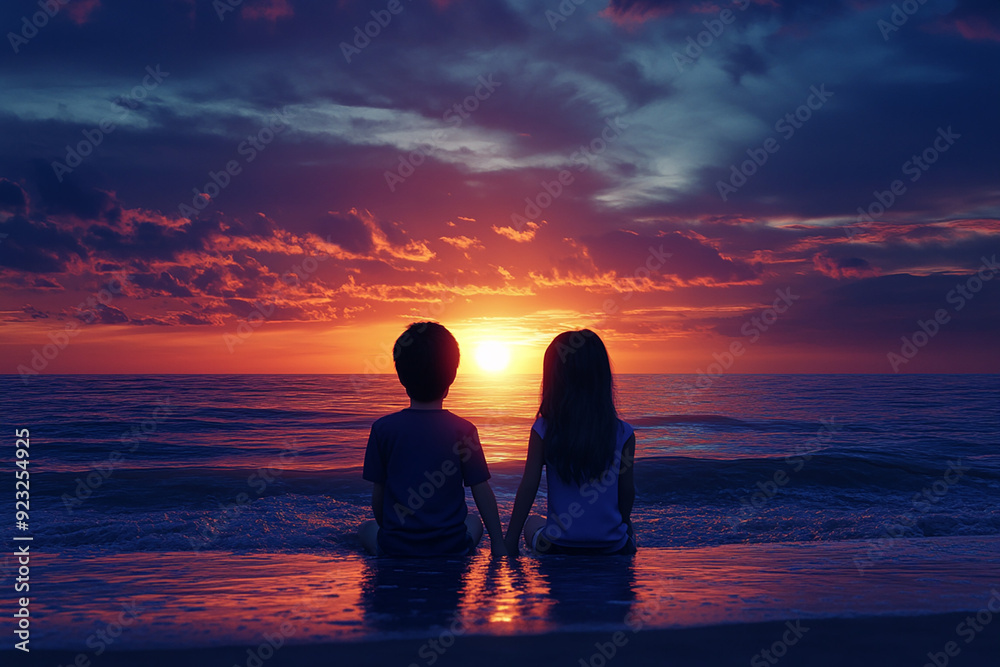 beach, evening after sunset, boy and girl sitting on the beach in front ...