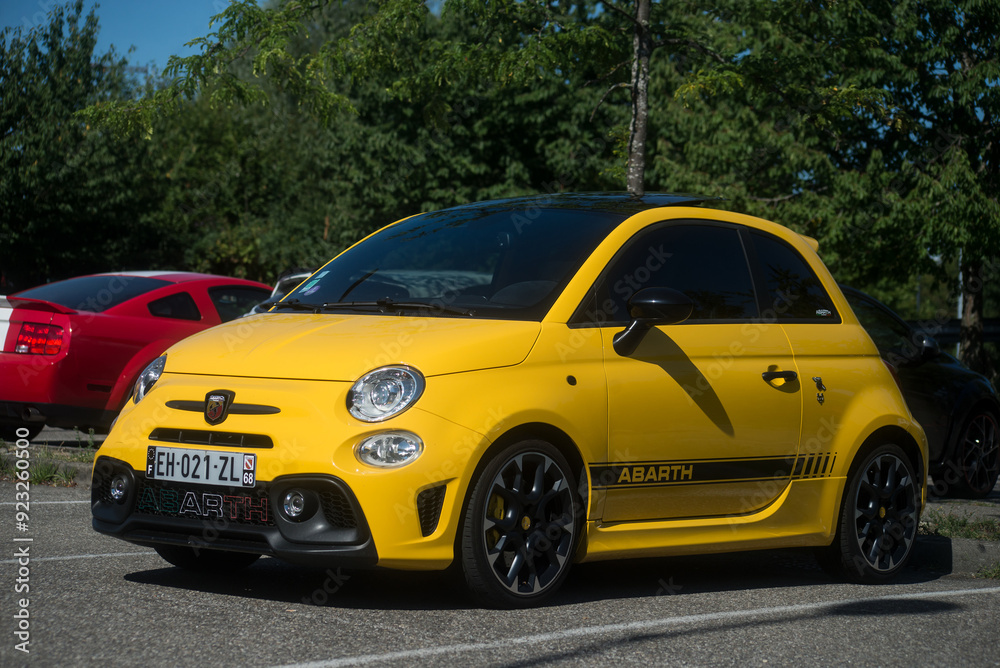 Mulhouse - France - 11 august 2024 - front view of yellow Fiat 500 ...