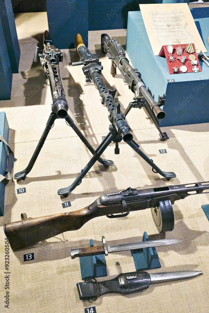 Sofia, Bulgaria, April 24, 2024; Submachine gun Shpagin, knife, light ...