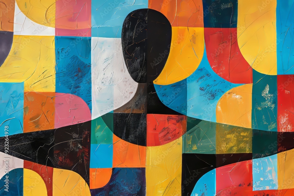 image of a stylized figure composed of abstract shapes in a bold color ...
