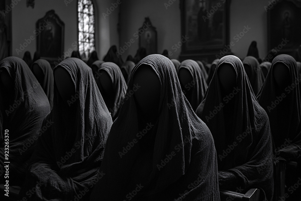 Faceless hooded figures sit in rows within a dark room creating a ...