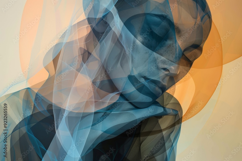 an abstract digital artwork featuring a figure composed of layered ...