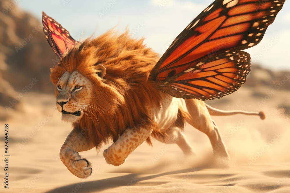 Surrealistic image of a lion with butterfly wings, flying through a ...
