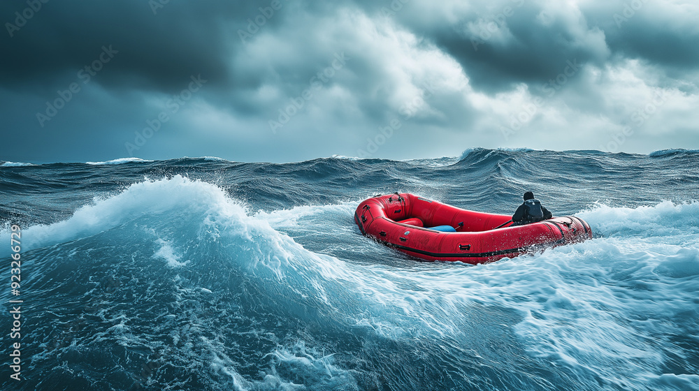 Stormy Seas: Red Inflatable Raft Braving the Rough Waters Stock ...