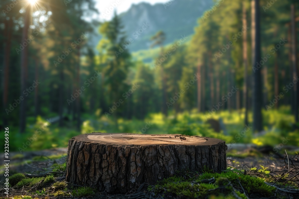 Stump from cut down trees in empty clearing, devastated by ...