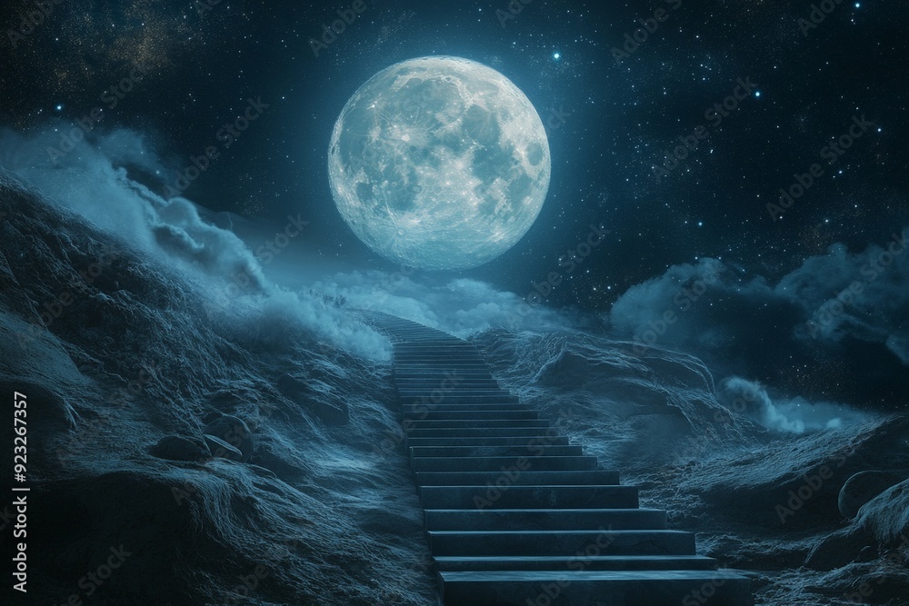 Surrealistic depiction of a staircase leading up to the moon, with each ...