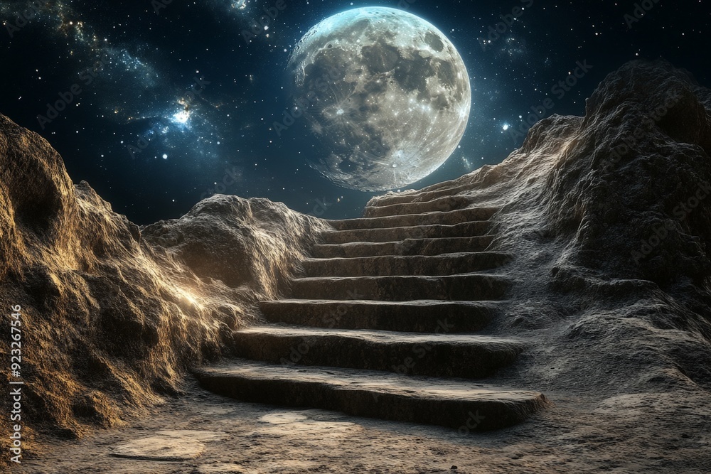Surrealistic depiction of a staircase leading up to the moon, with each ...