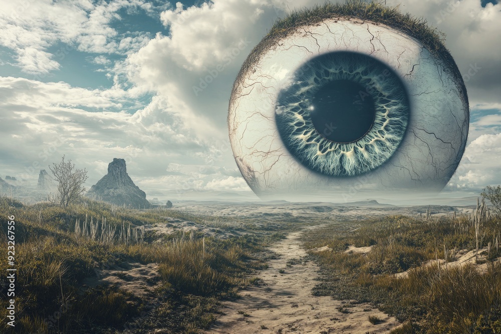 Surrealistic image of a giant eye in the sky, watching over a surreal ...