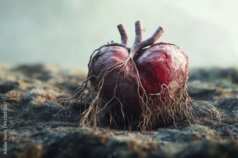 Surrealistic artwork of a human heart with roots growing into the ...