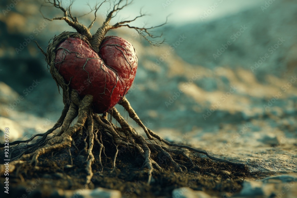 Surrealistic artwork of a human heart with roots growing into the ...