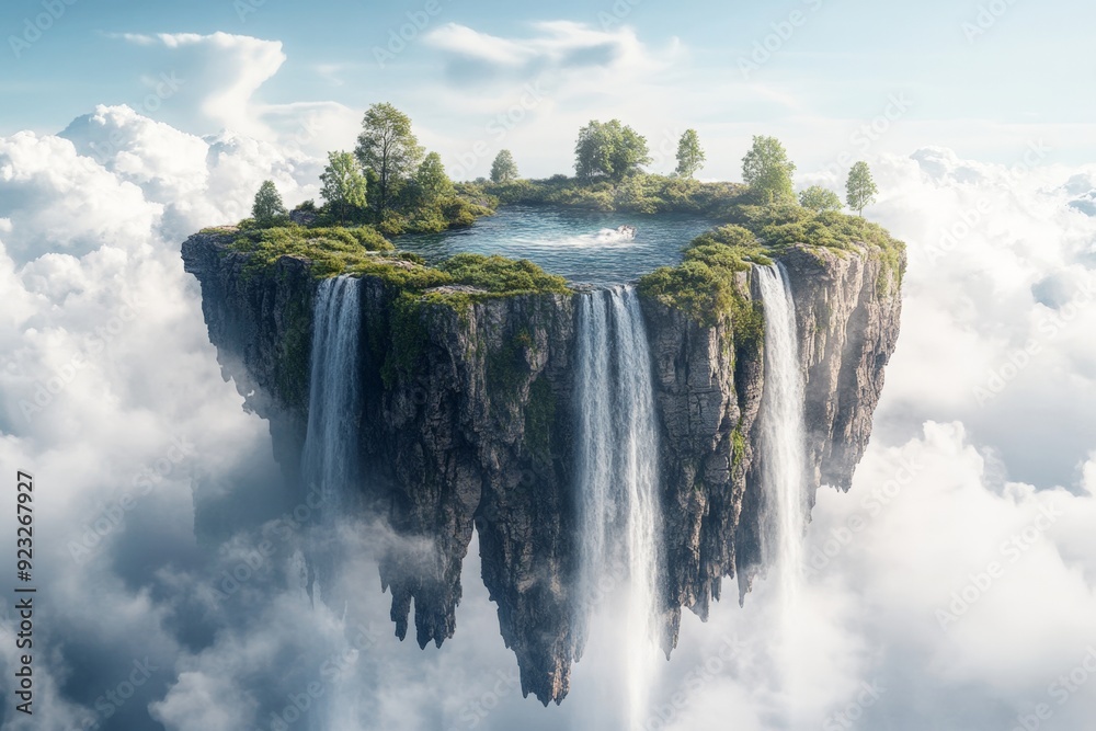 Surrealistic image of a floating island with waterfalls cascading into ...
