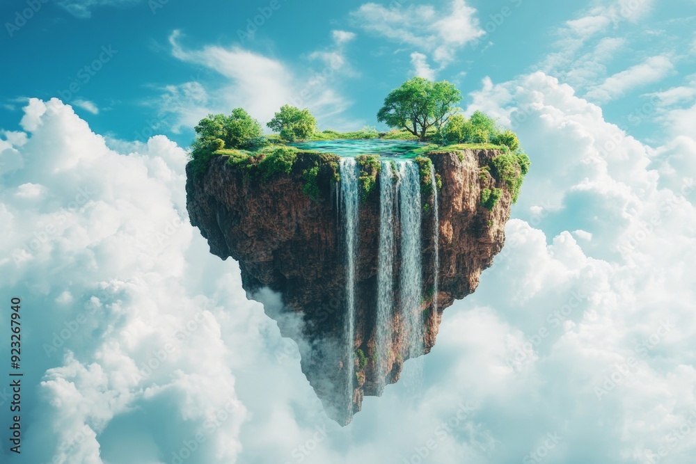Surrealistic image of a floating island with waterfalls cascading into ...