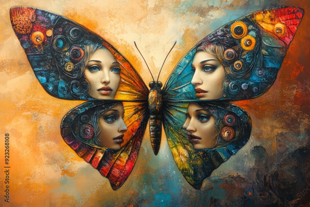 Surrealistic painting of a butterfly with human faces on its wings ...