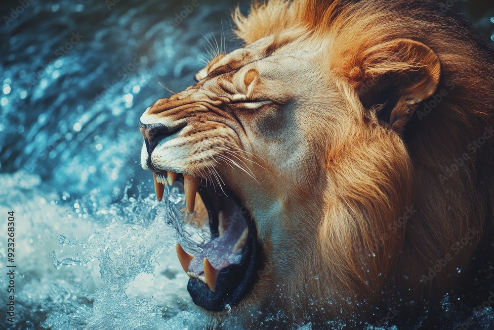 Surrealistic image of a lion roaring with a river flowing out of its ...