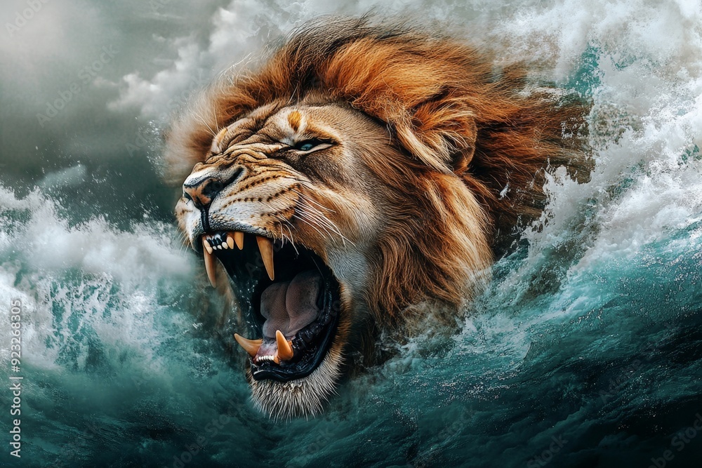 Surrealistic image of a lion roaring with a river flowing out of its ...