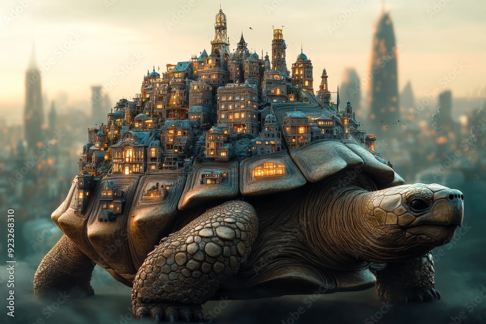 Surrealistic artwork of a cityscape built on the back of a giant ...