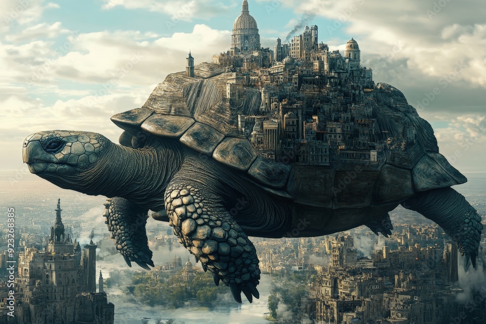 Surrealistic artwork of a cityscape built on the back of a giant ...