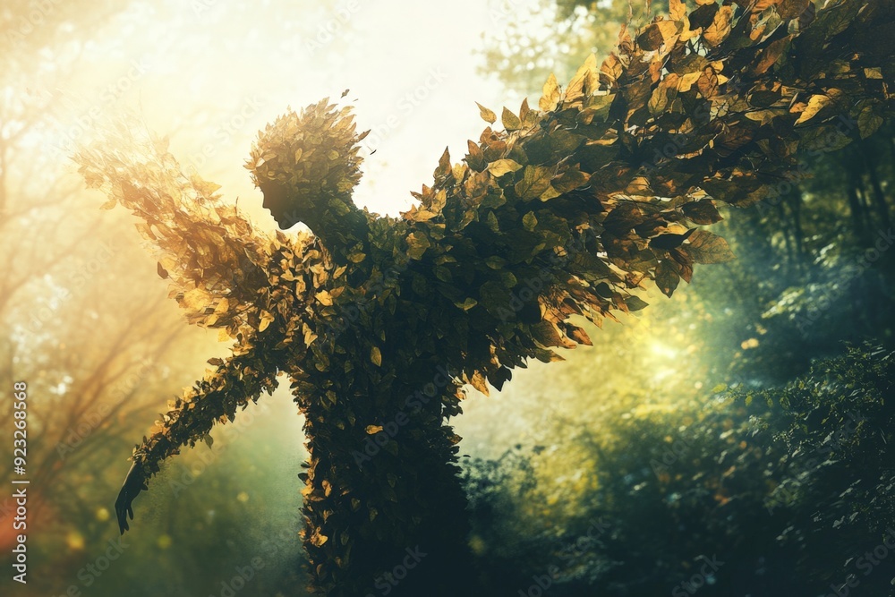 Surrealistic image of a human figure with wings made of leaves, flying ...